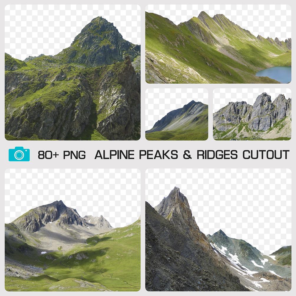 ALPINE PEAKS & RIDGES CUTOUT - Photo reference pack - 80+ PNG & 1 bonus PSD