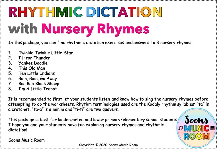Nursery Rhymes Rhythmic Dictation - 8 Exercises - Soons Music Room