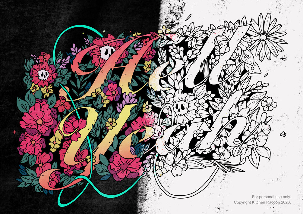 Printable Coloring Page for Adults - Hell Yeah, Botanical motive