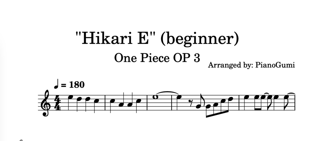 One Piece OP 3 - "Hikari E" - BEGINNER Piano Sheet Music