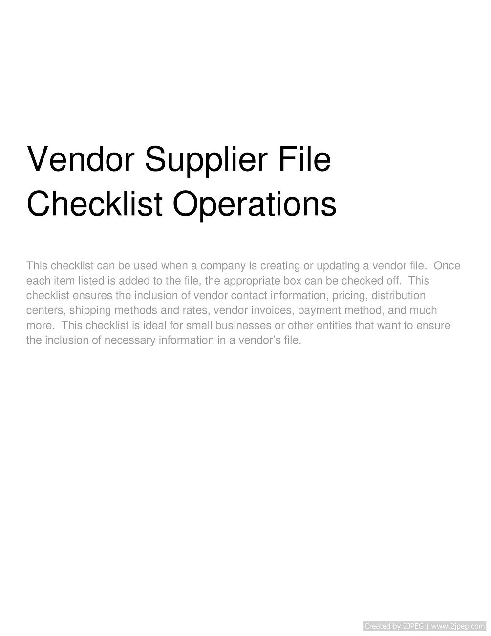 Vendor Supplier File Checklist Operations