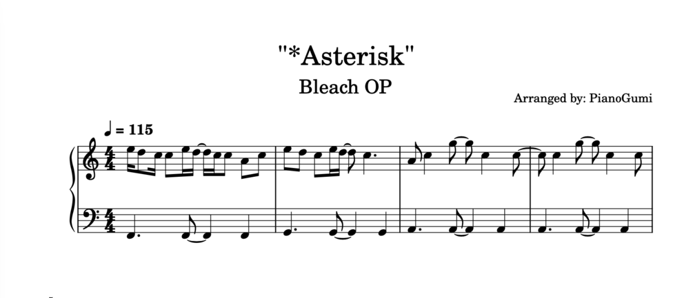 Bleach OP - "*Asterisk" - Piano Sheet Music