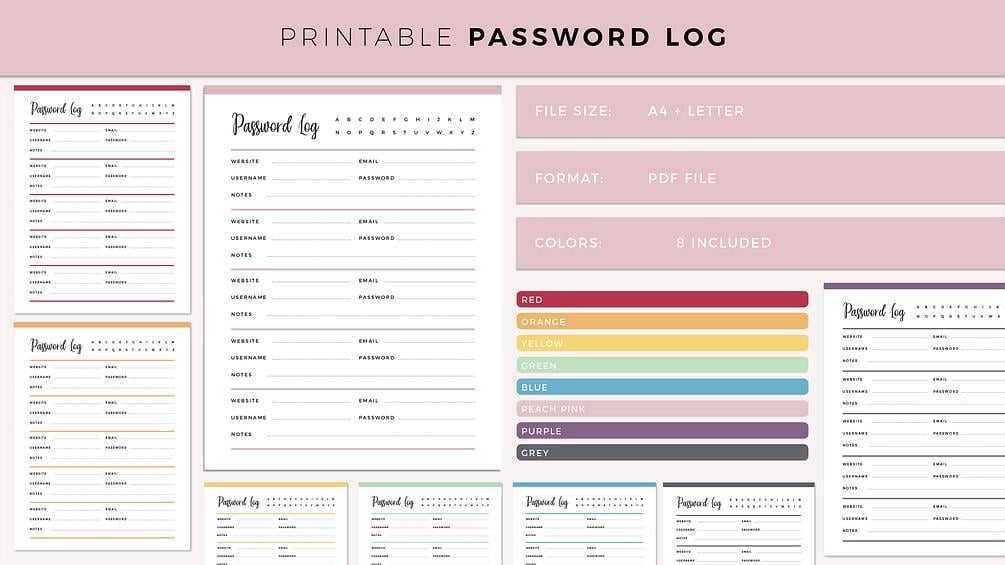 Printable Password Tracker | Print at Home Password Log | A4 and Letter ...