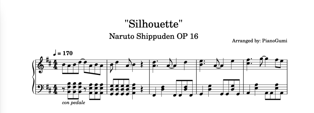 Naruto Shippuden OP 16 - "Silhouette" - INTERMEDIATE Piano Sheet Music