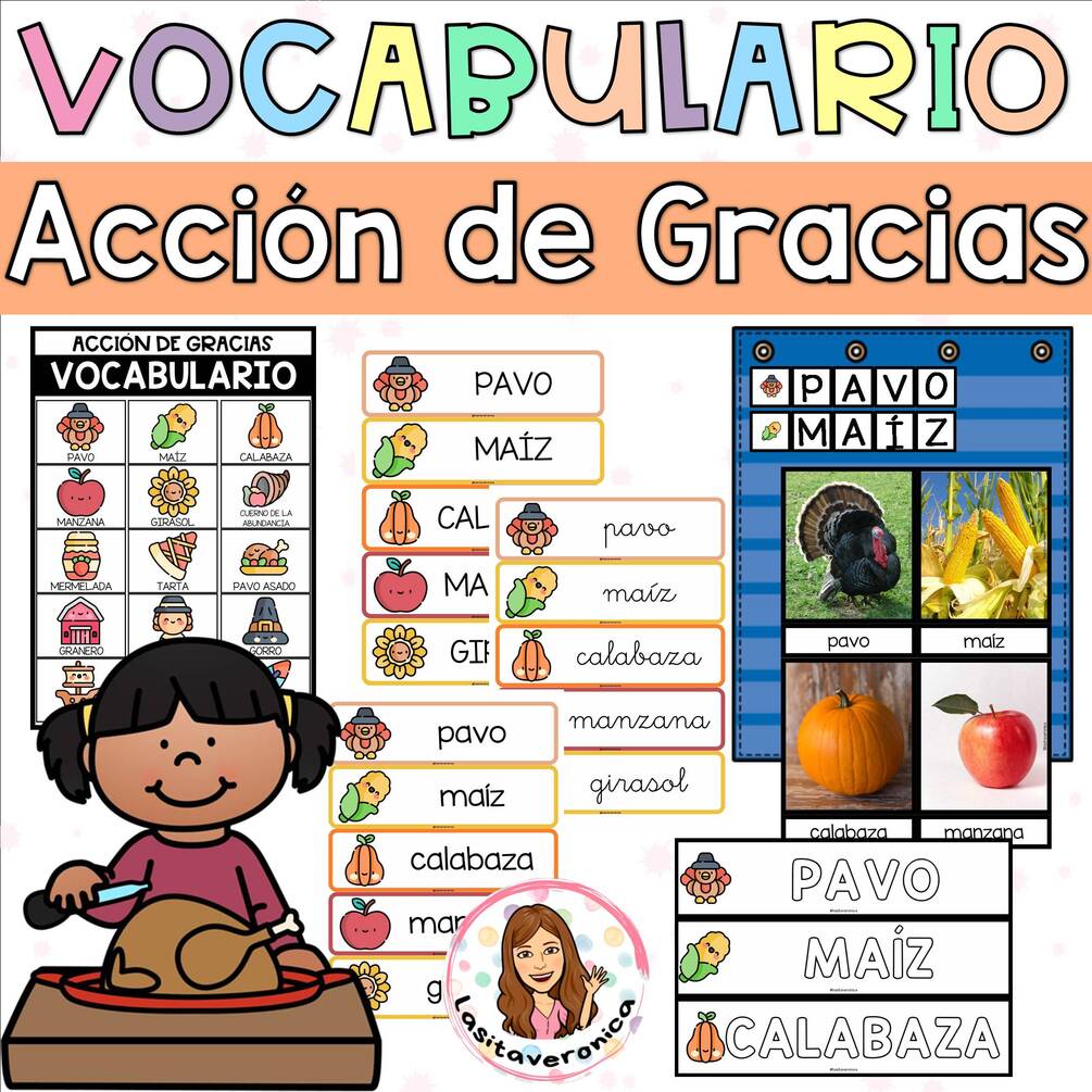 Vocabulario Acción de gracias / Thanksgiving Vocabulary. Spanish.
