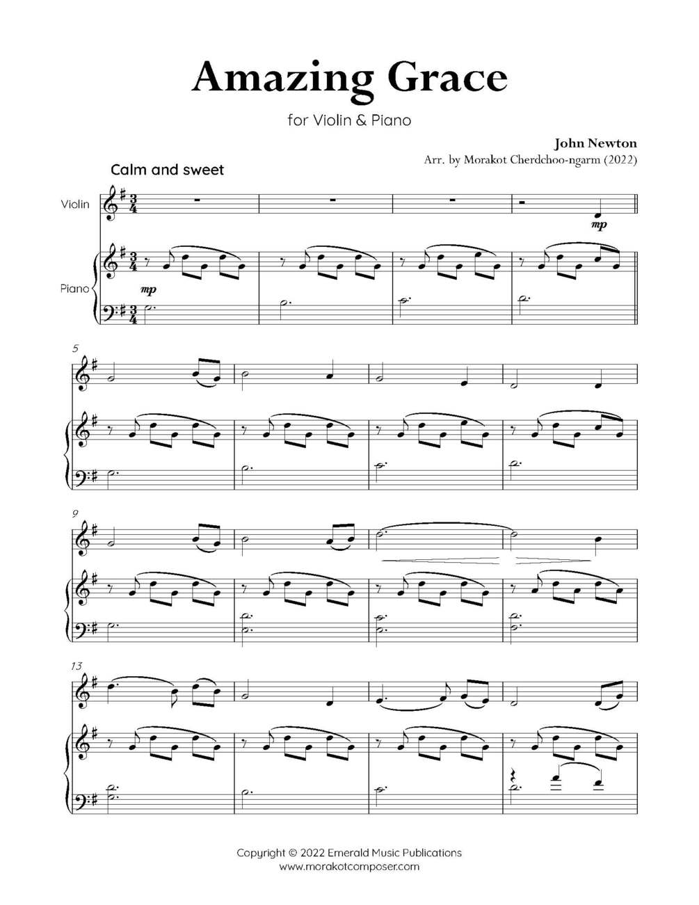 AMAZING GRACE for Violin & Piano (Score & Part) PDF + Audio MP3 Piano Accom