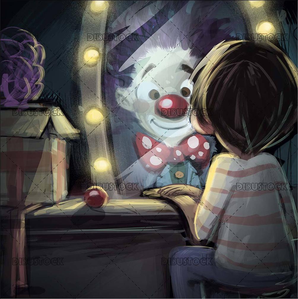 Boy with clown in the mirror reflection