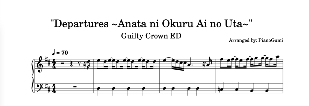 Guilty Crown ED - "Departures" - Piano Sheet Music