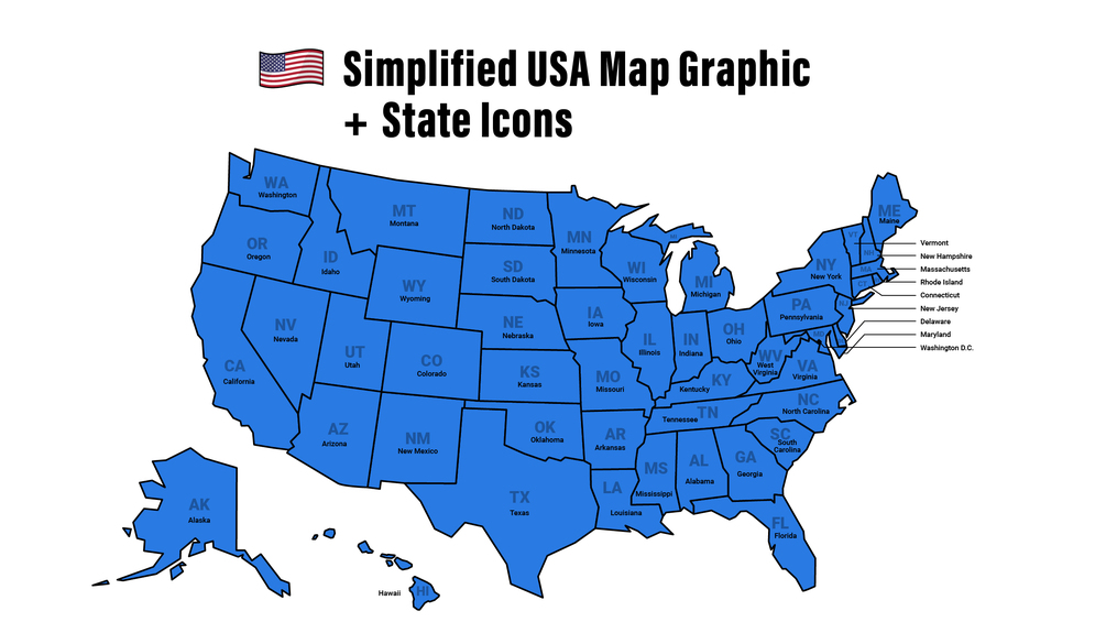 Simplified USA Map Graphic + State Icons — 100% Vector (AI, SVG, PDF, PNG)