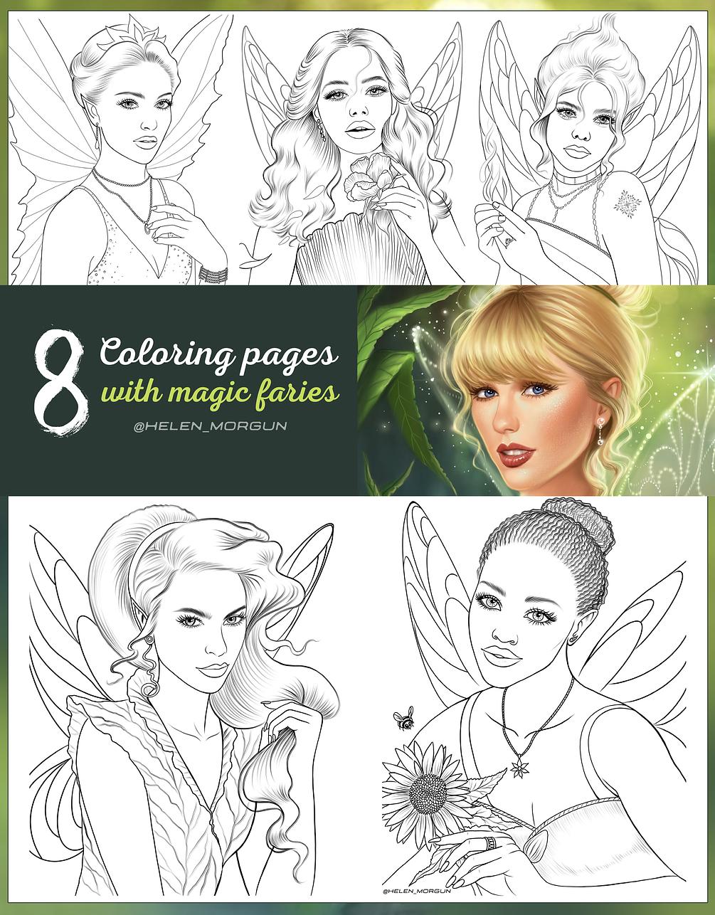 8 Coloring pages with magic fairies