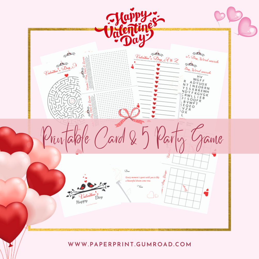Valentine's Day Card & Party Games Printable Word Search, Maze ...