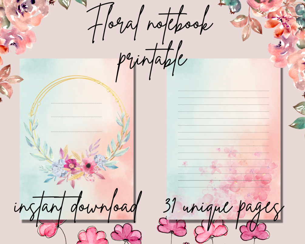 Floral notebook printable, A4
