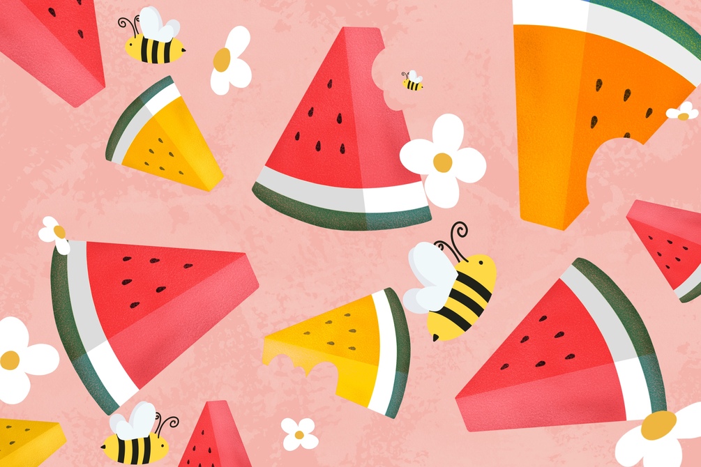 Cute watermelon, bees and flower wallpaper