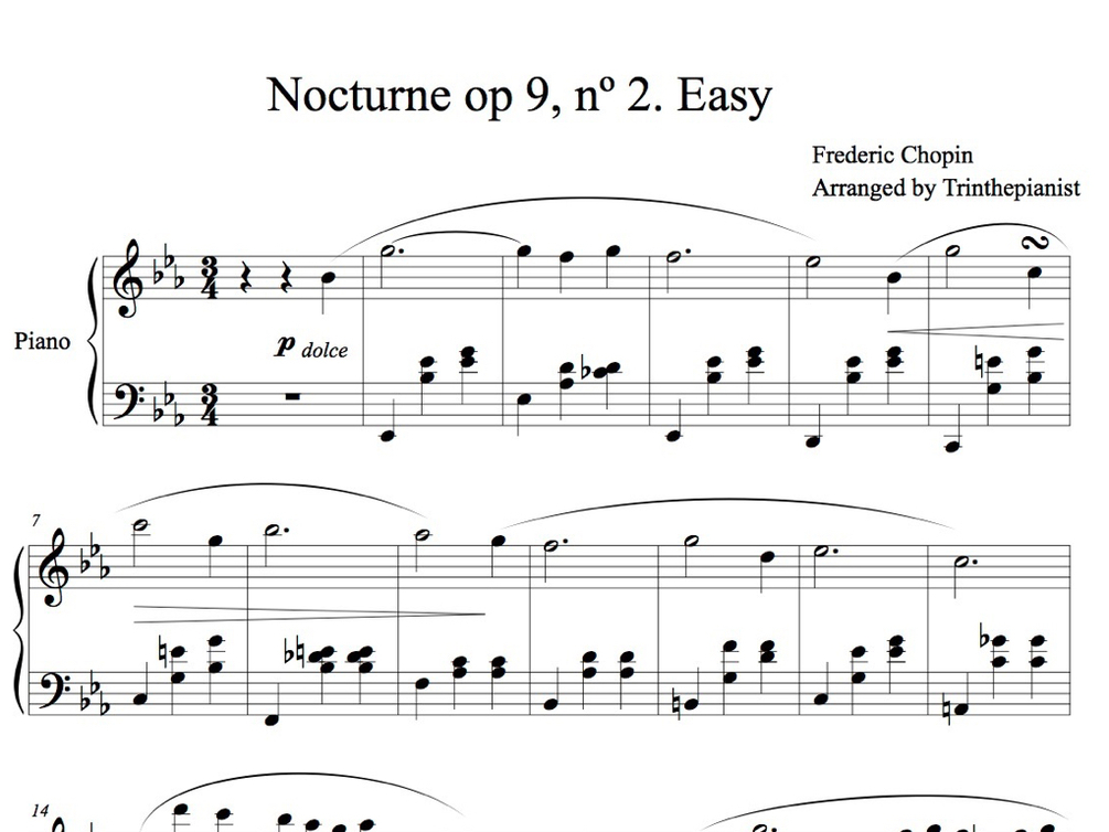 Partitura nocturno op 9, nº 2, Frederic Chopin, arreglo fácil (easy ...