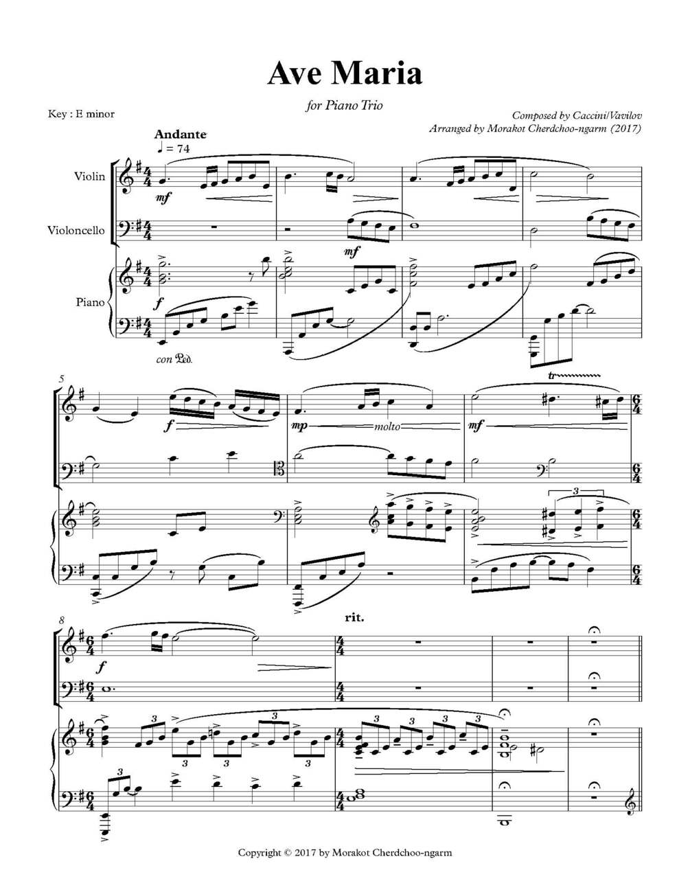 Ave Maria - Vavilov (Caccini) for Piano Trio (Score & Parts)
