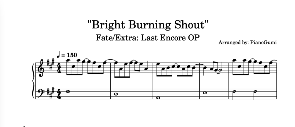 Fate/Extra: Last Encore OP - "Bright Burning Shout" - Piano Sheet Music