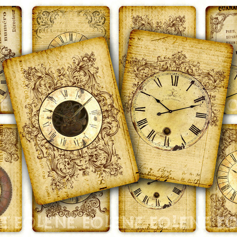 Antique Clocks Printable A4 Sheet 8 ATC, ACEO Cards Instant Download