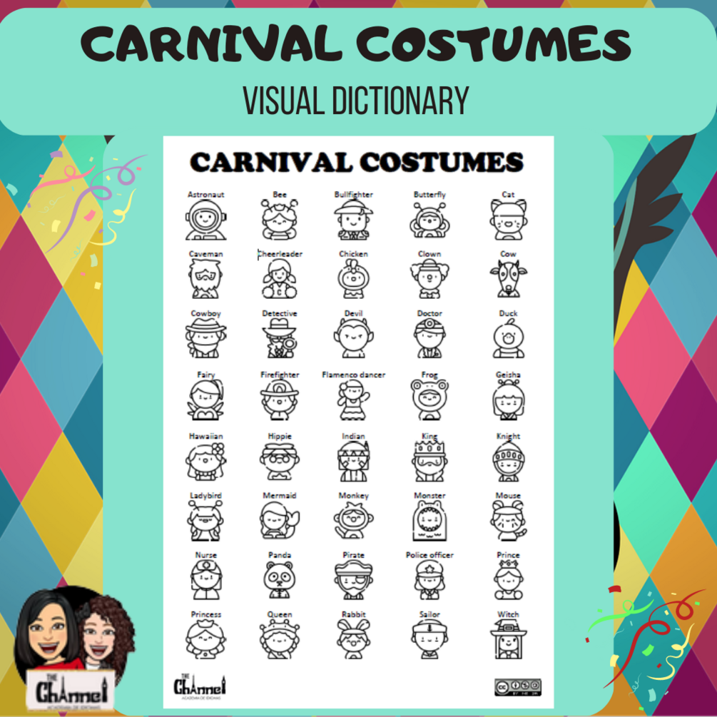 Carnival Costumes - 40 words B&W - Visual Dictionary