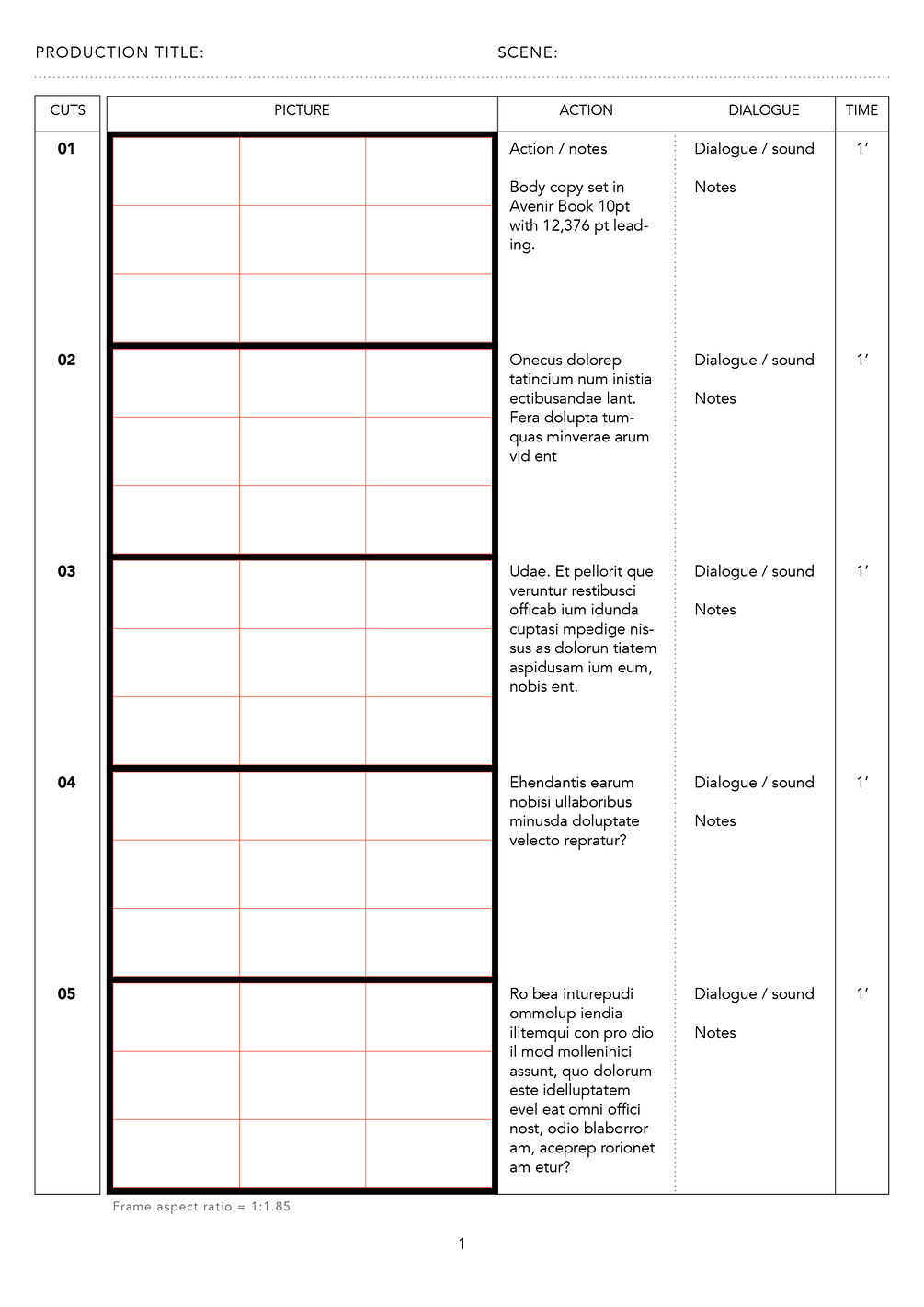 InDesign Anime Storyboard Template 1 85 1 Aspect Ratio On A4 Vertical