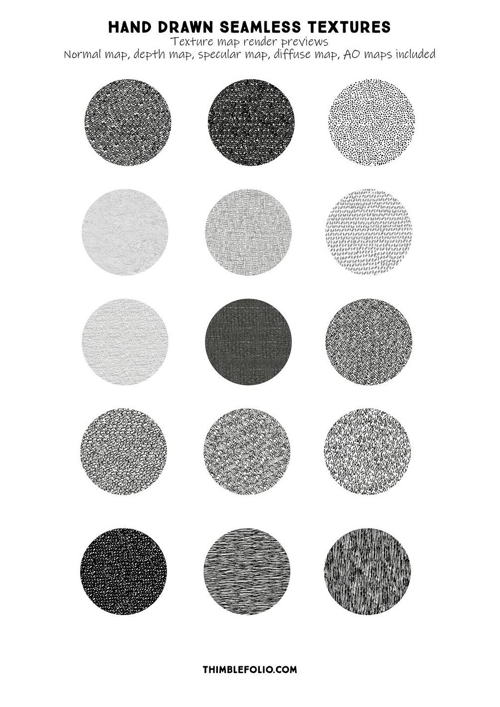 15 Hand Drawn 2D Seamless Textures (with maps for 3D)