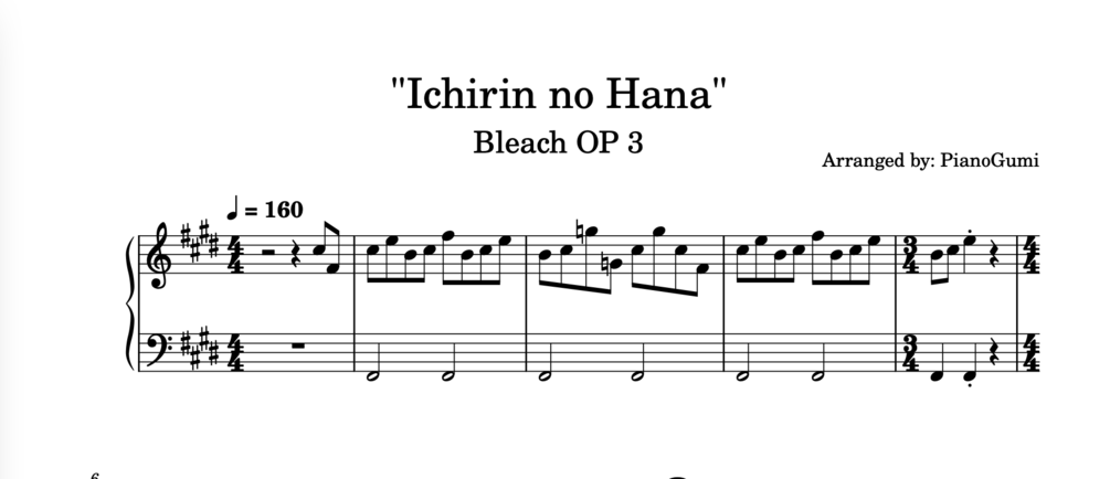Bleach OP 3 - "Ichirin no Hana" - Piano Sheet Music