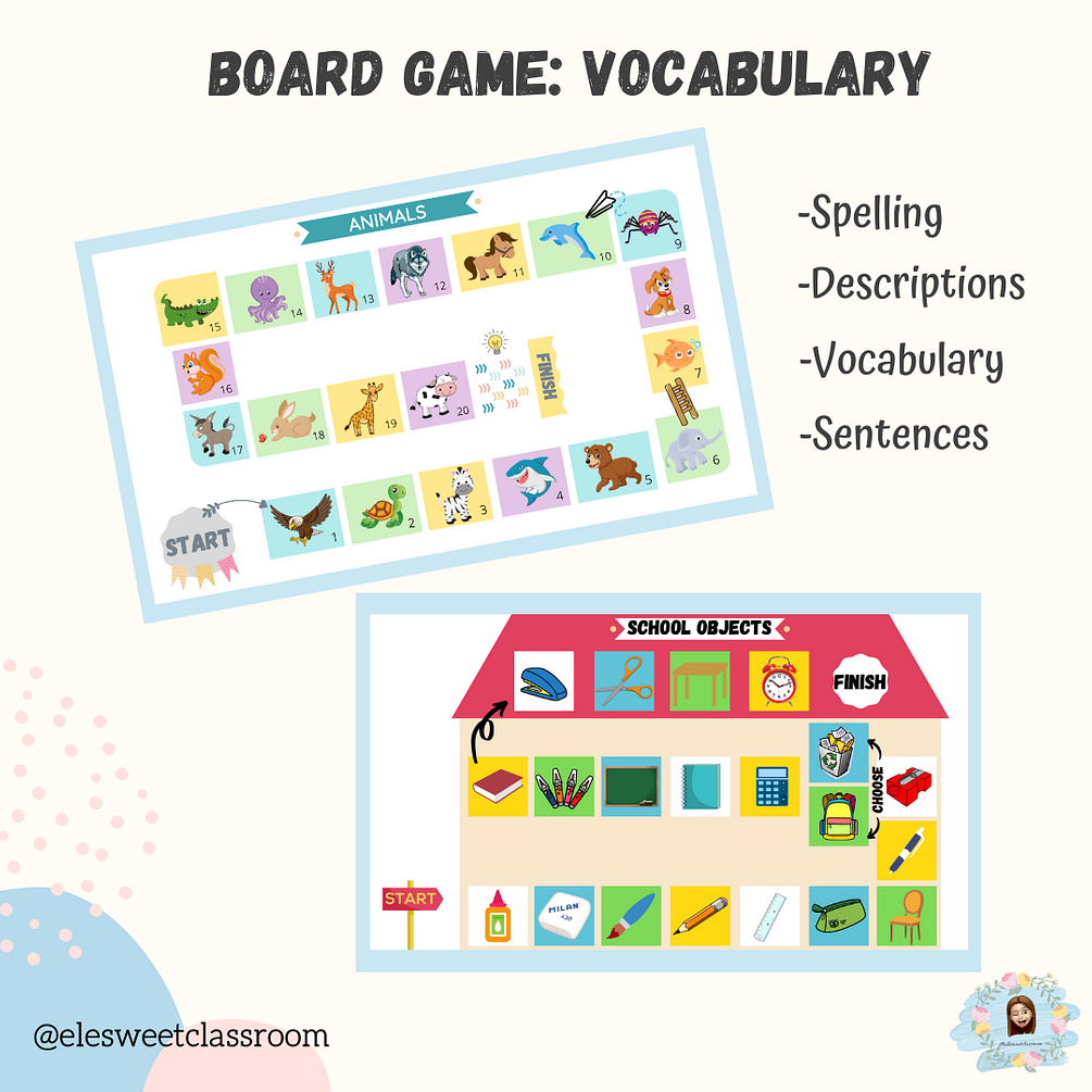 Board game: animals and school supplies