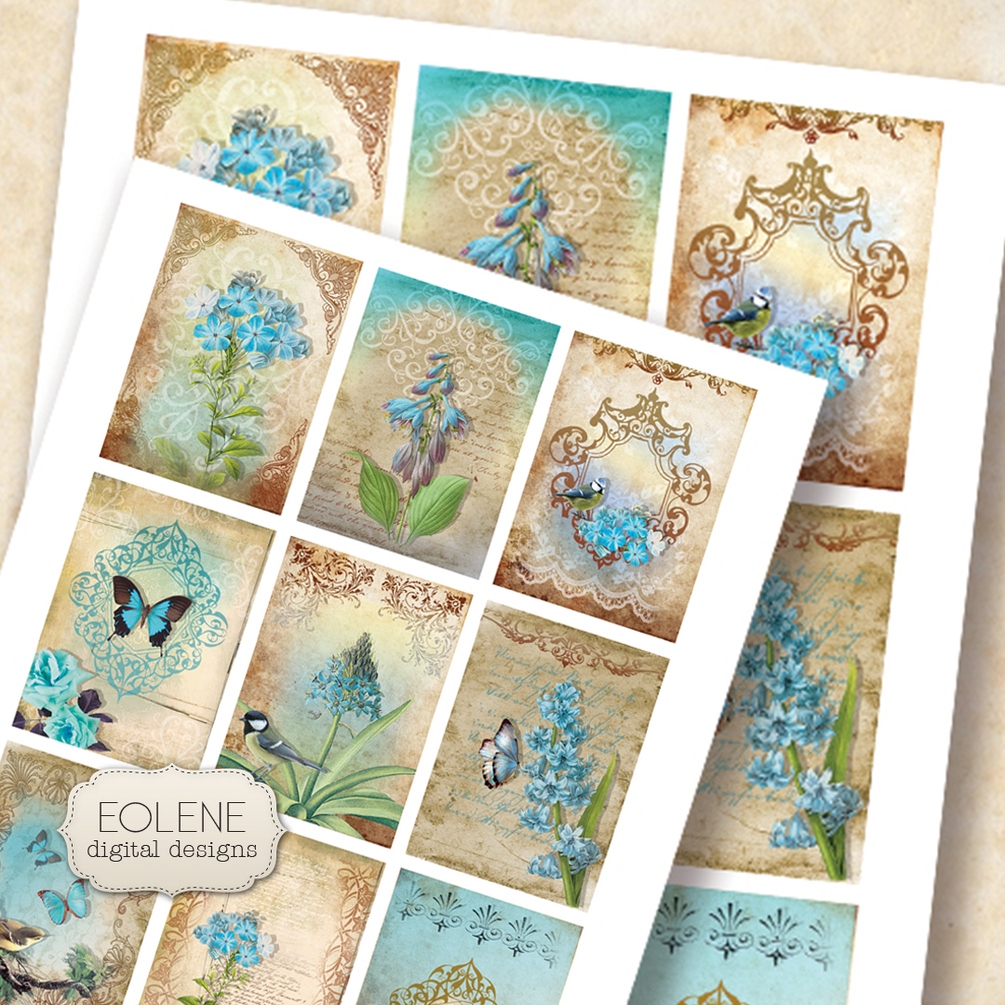 Blue Morn Printable A4 Sheet 9 ATC, ACEO Cards Instant Download