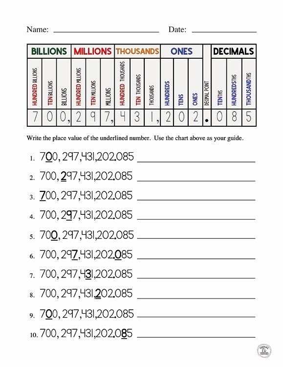 Place Value Worksheet Teach Billions Millions Thousands Hundreds