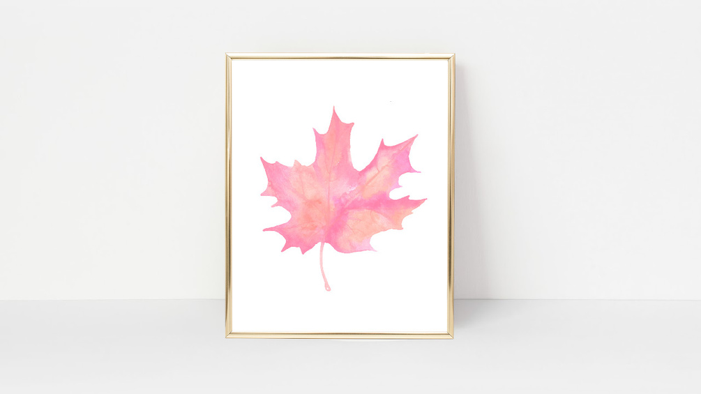 Pink Watercolor Fall Maple Leaf Printable Wall Art