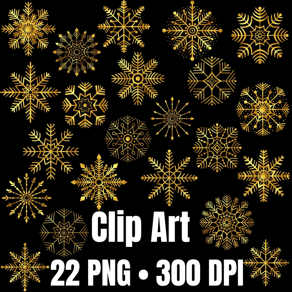 Clip Art, PNG files, 22 Gold foil Snowflakes