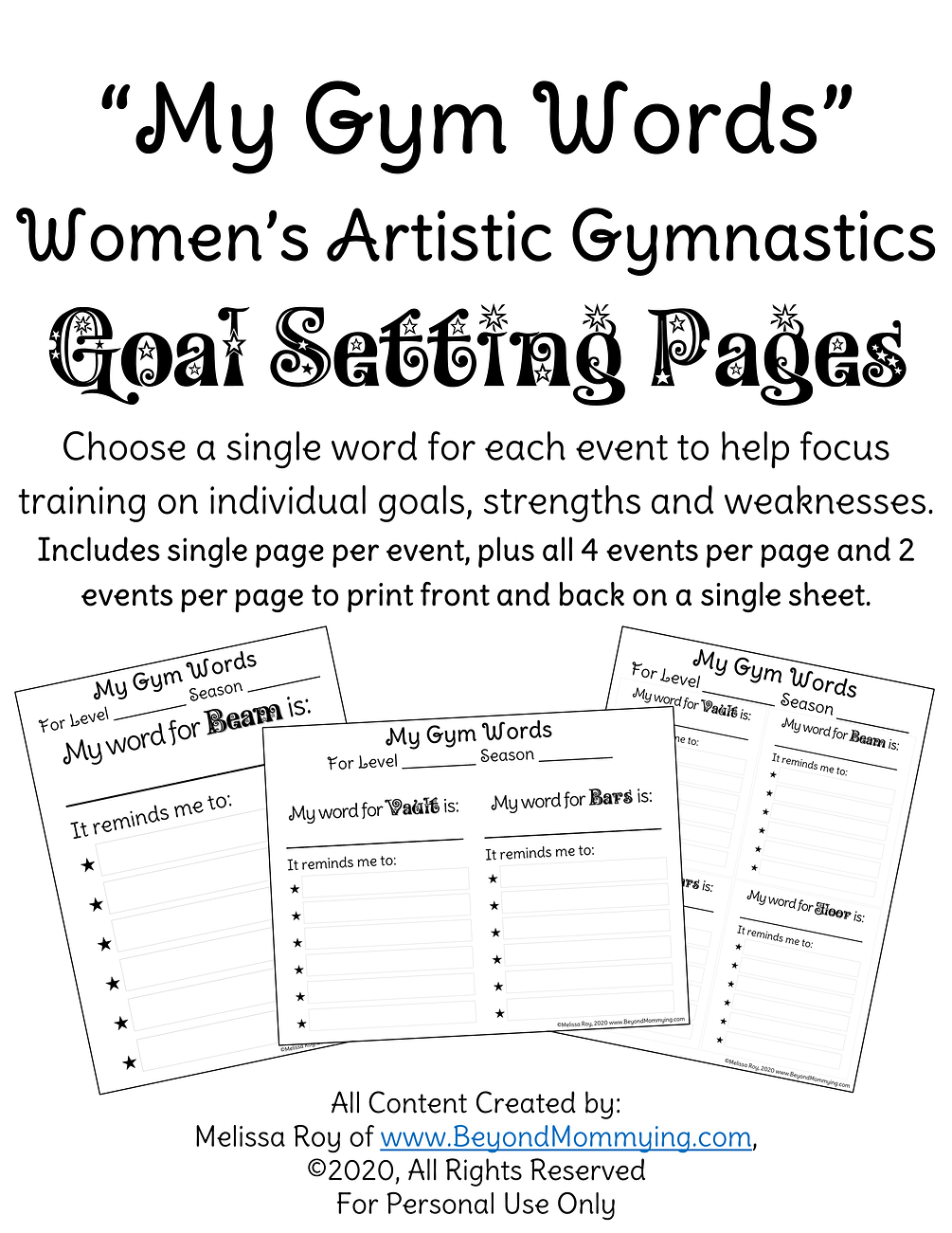 Gymnastics Goal Setting Worksheets--Women's Artistic