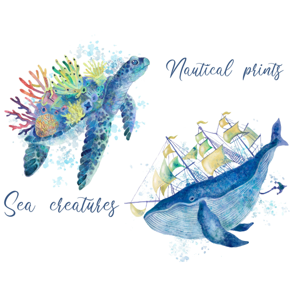 Sea turtle and blue whale marine print, marine life sublimation design ...