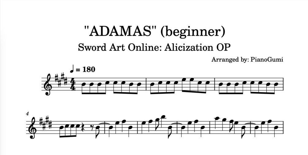 Sword Art Online Alicization OP - "ADAMAS" - BEGINNER Piano Sheet Music