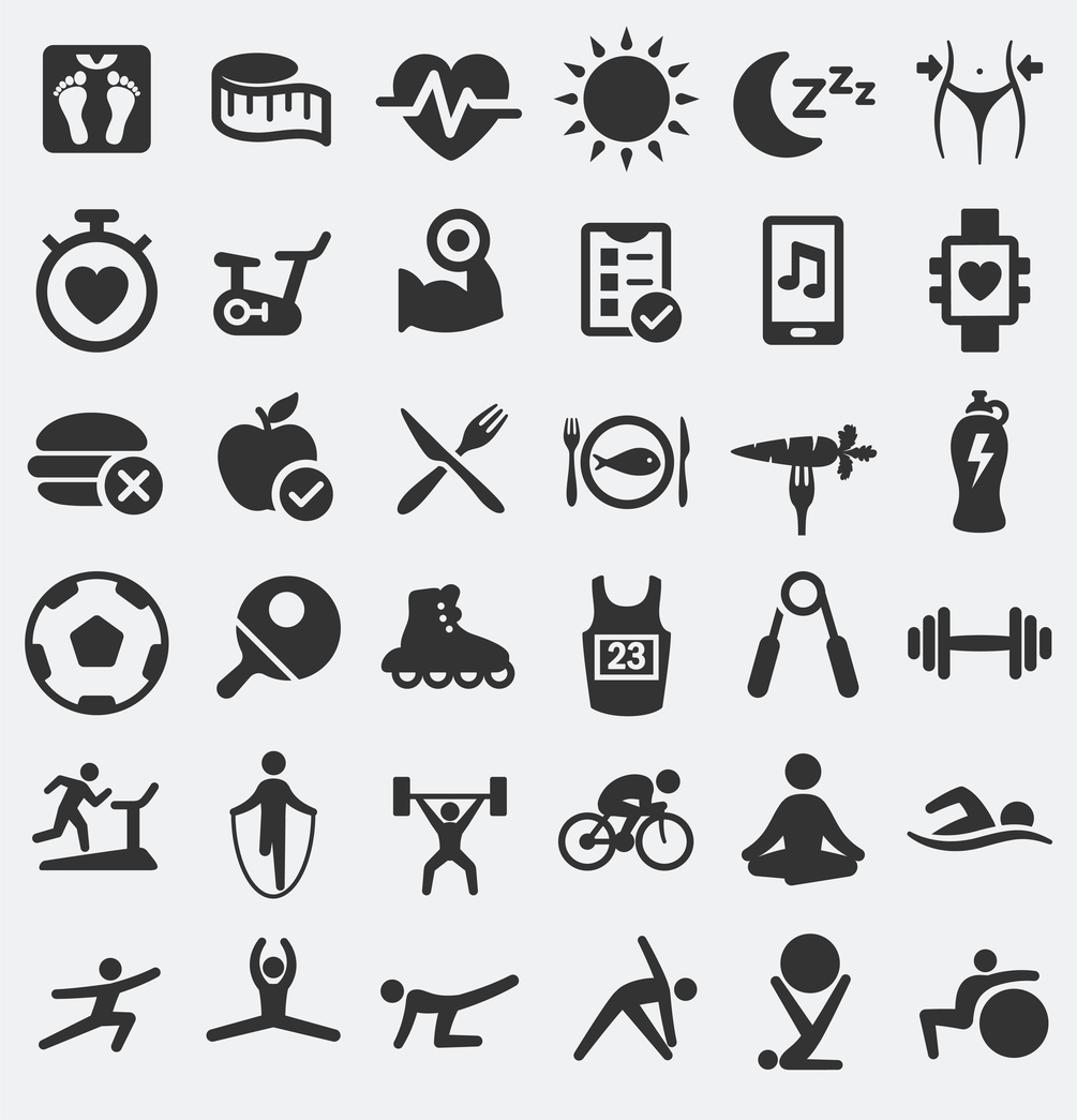 Set of 36 Vector Fitness and Diet Icons on White Background.