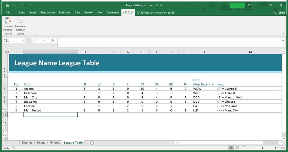 Excel Spreadsheet League Manager and Fixture List Generator, FIFA, Football