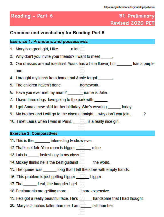 Grammar And Vocabulary Exercises To Practice Reading Part 6