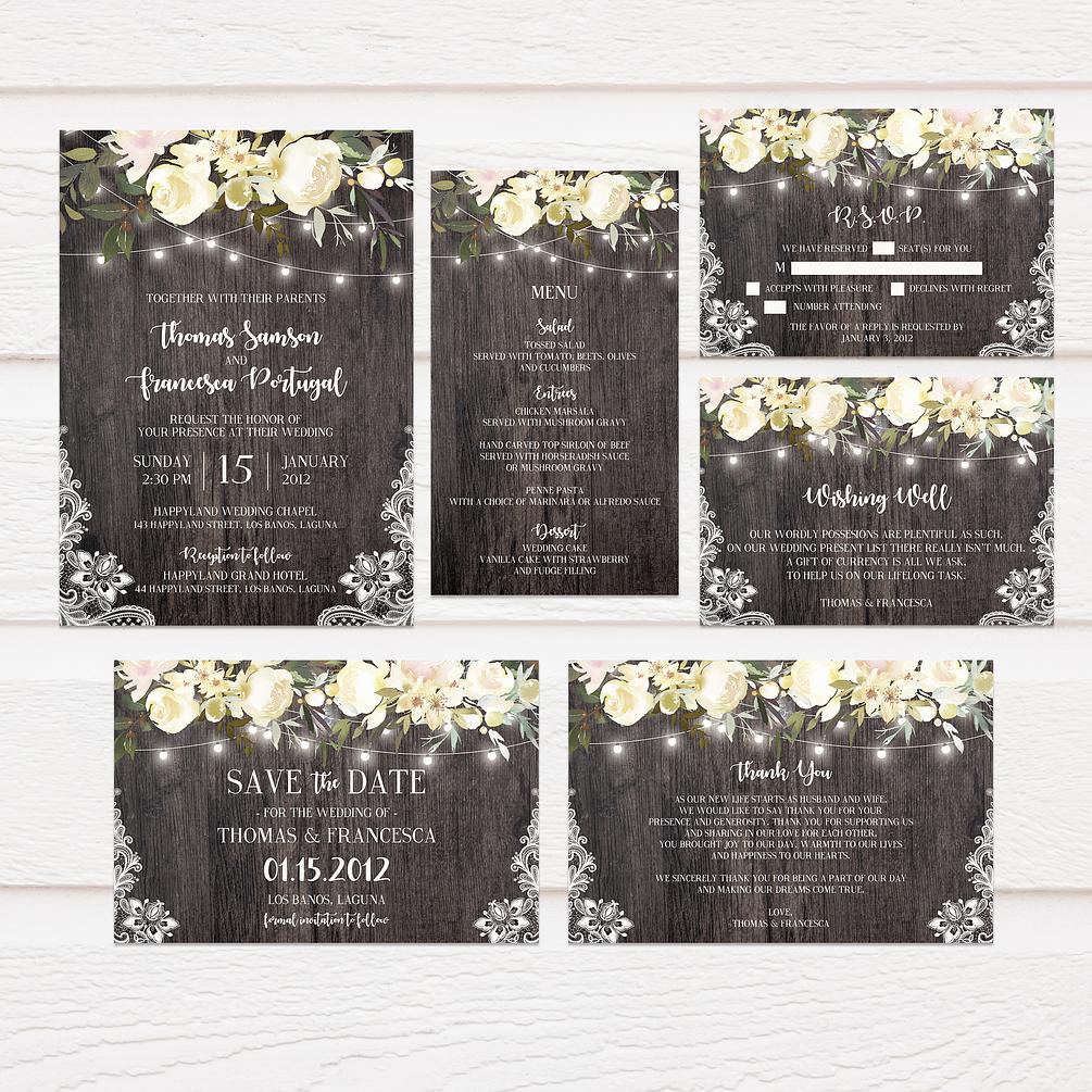 Rustic Country Chic Floral String Lights Wedding Invitation Suite