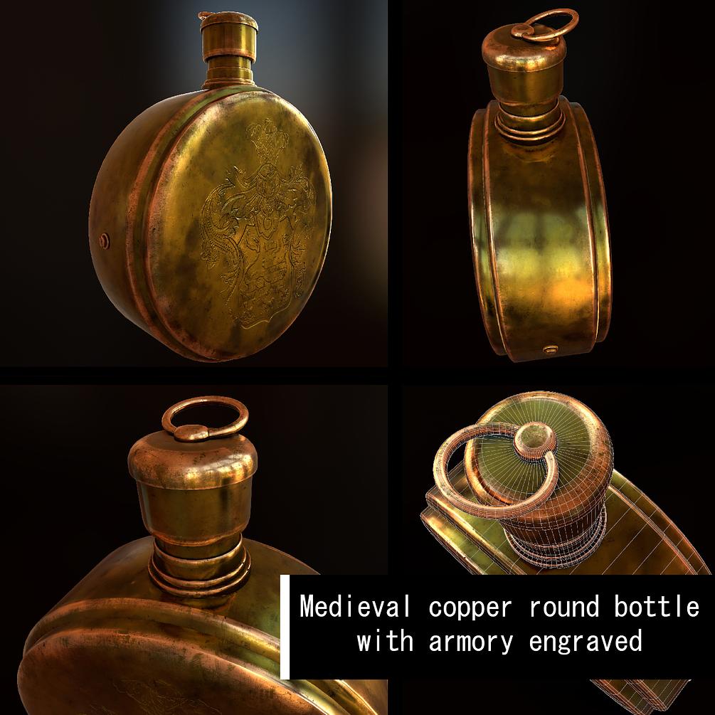 medieval round copper flask bottle with armory engraved model