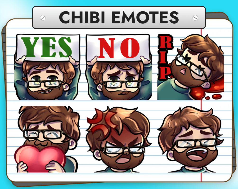 12 Brown Hair Beard & Glasses Chibi Boy Emotes / Green Eyes