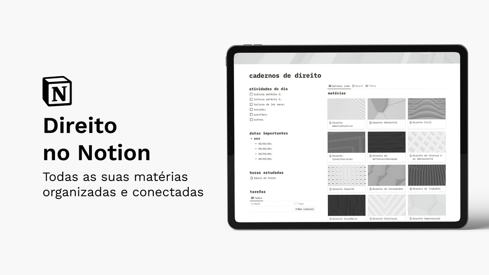 Template Direito all-in-one no Notion - Versão Monocromática