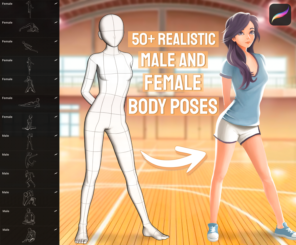 50+ Male and Female Body Poses Stamps for Procreate