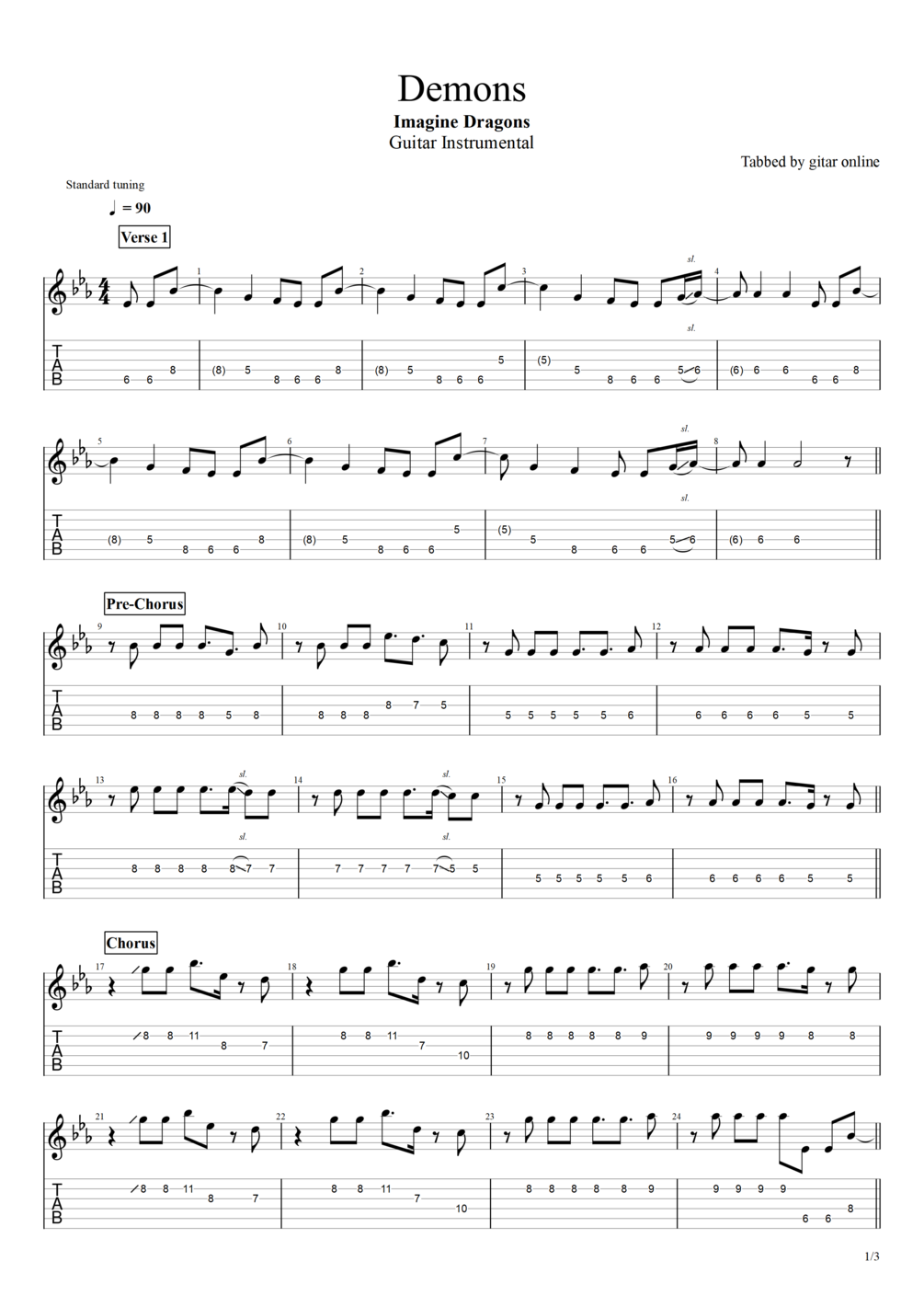 TAB. Demons - Imagine Dragons (Guitar Instrumental)