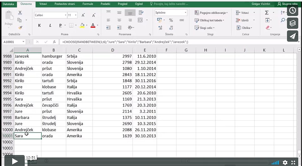 Naključno generiranje podatkov v tabeli excel