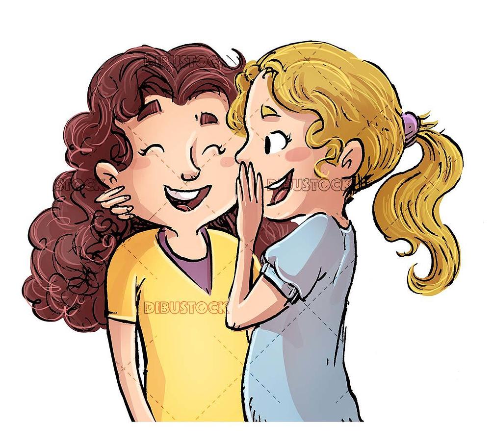 Two little girls whispering in their ears