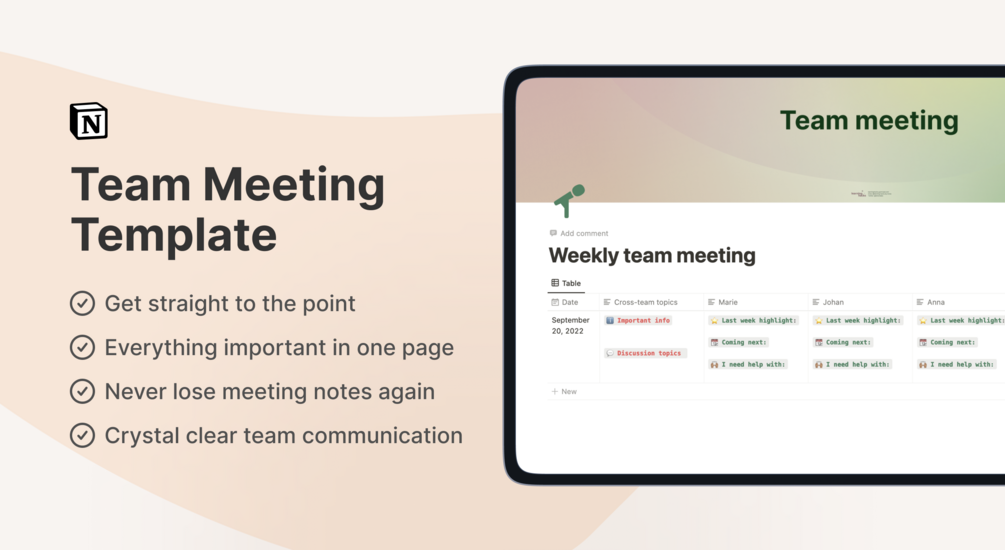 Team meeting template for Notion