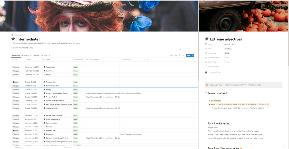Timetable study page in Notion