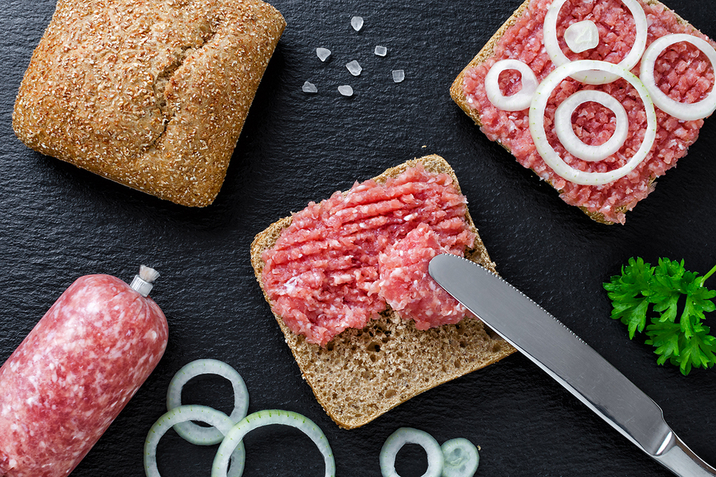 Photo "making of german sandwich mettbrotchen with raw meat ground pork ...