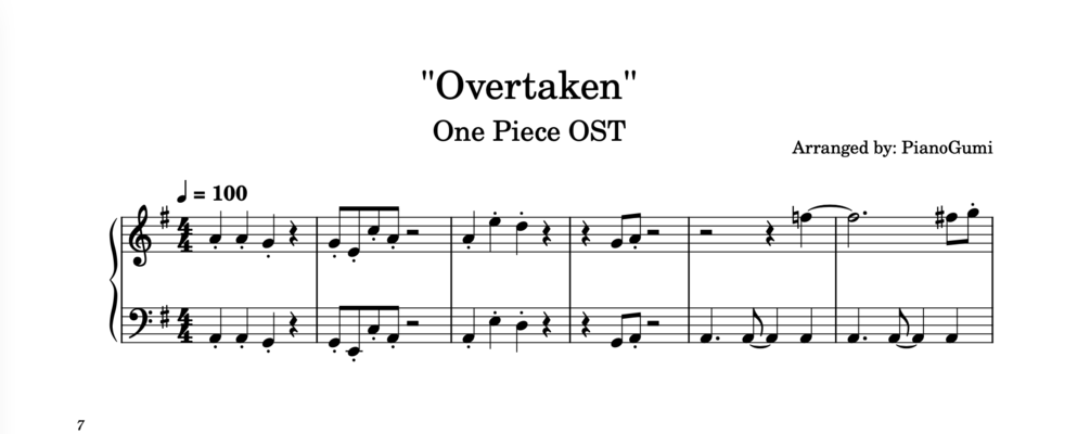 [full] One Piece OST - "Overtaken" - Piano Sheet Music