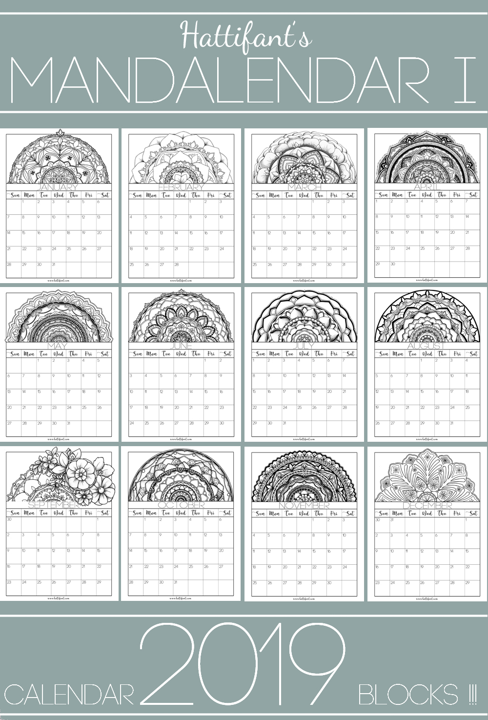 Mandalendar 2019 - I - Calendar Blocks WITH dates