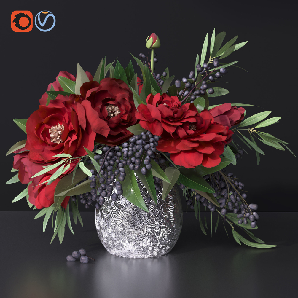 Red Peonies and Berries Bouquet Vase